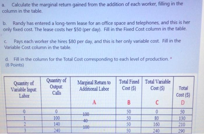 Solved a. Calculate the marginal return gained from the | Chegg.com