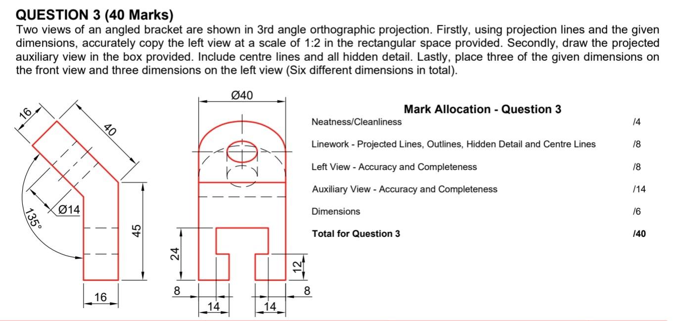 Solved QUESTION 3 (40 Marks) Two views of an angled bracket | Chegg.com