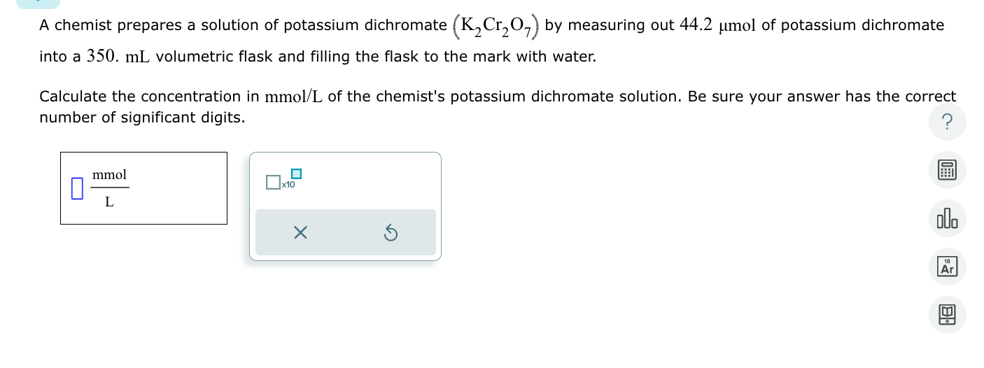 Solved A chemist prepares a solution of potassium dichromate | Chegg.com