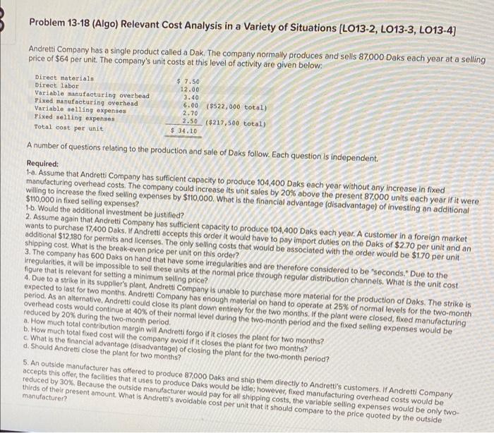 Solved Problem 13-18 (Algo) Relevant Cost Analysis in a | Chegg.com