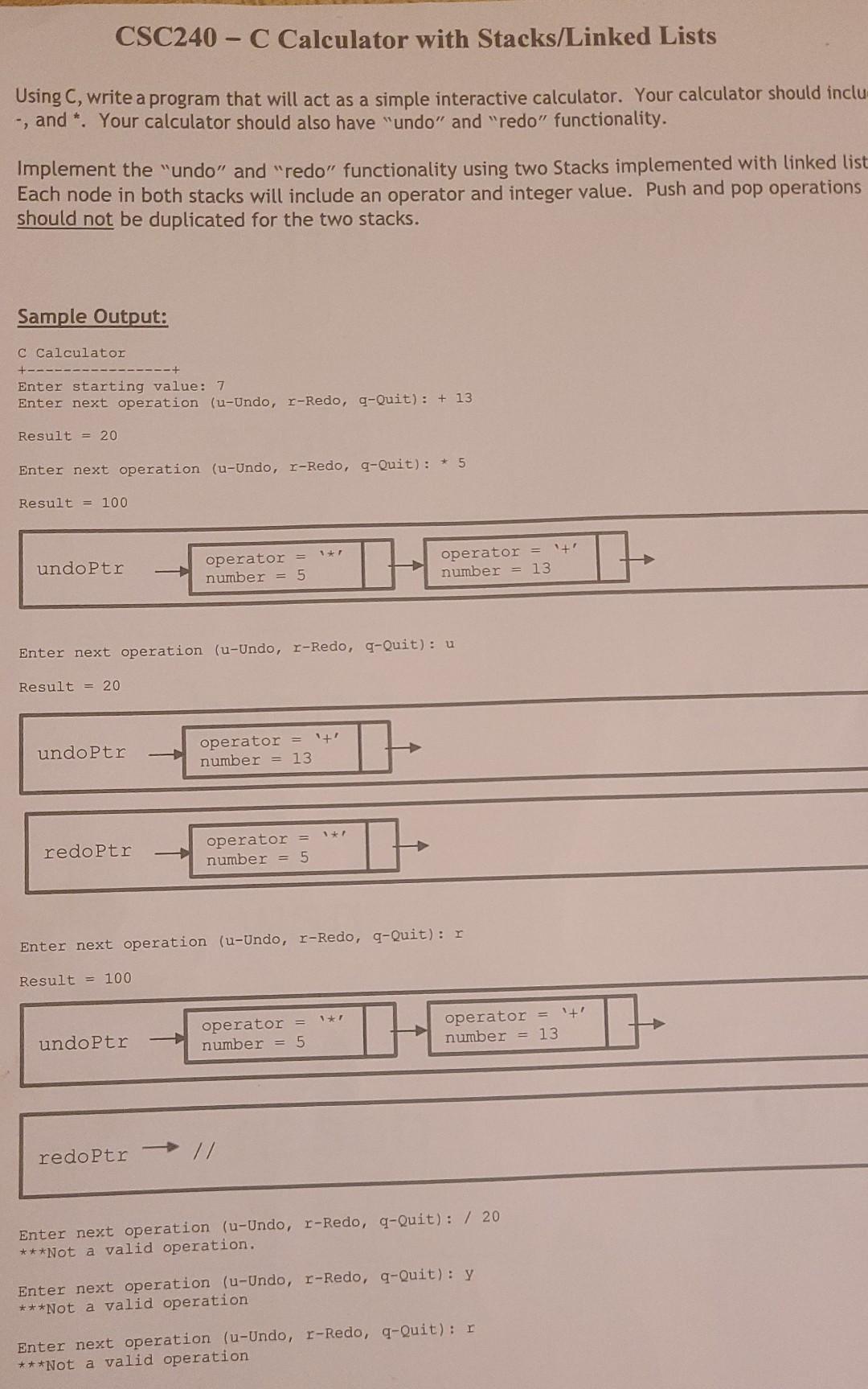 Solved CSC240 - Calculator with Stacks/Linked Lists Using C, | Chegg.com