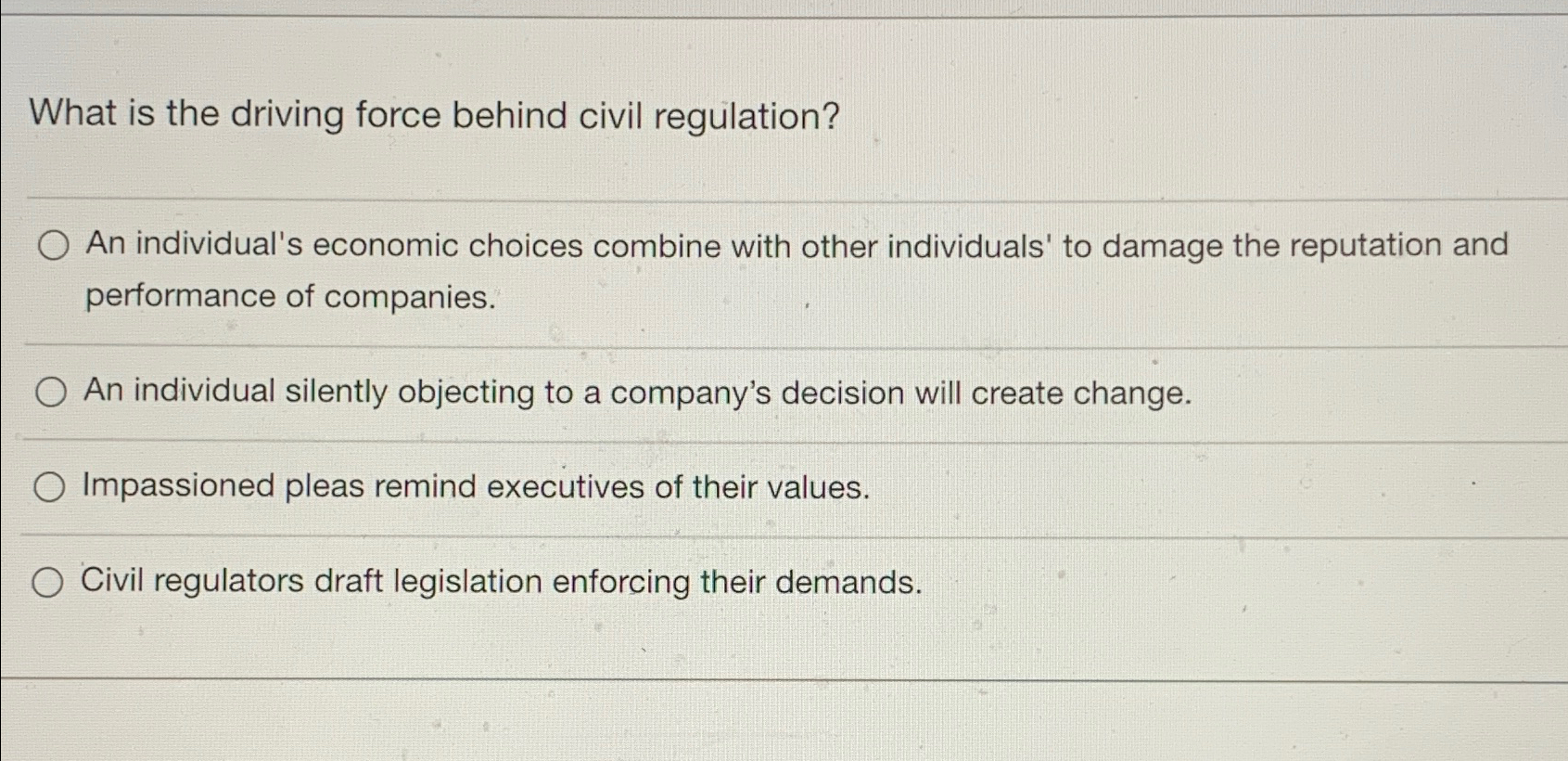 Solved What is the driving force behind civil regulation?An | Chegg.com