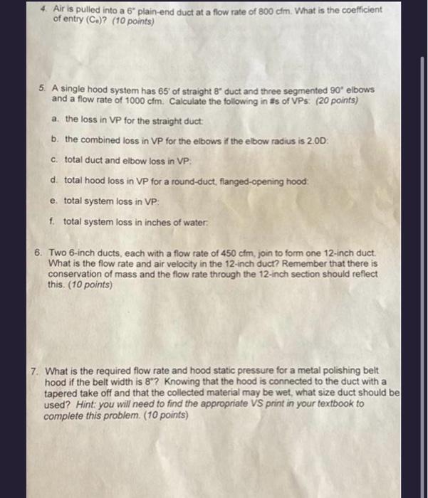 Solved 4. Air is pulled into a 6∘ plain-end duct at a flow | Chegg.com