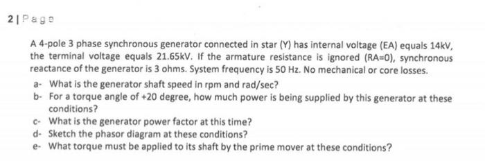 Solved 21 Pago A 4-pole 3 phase synchronous generator | Chegg.com
