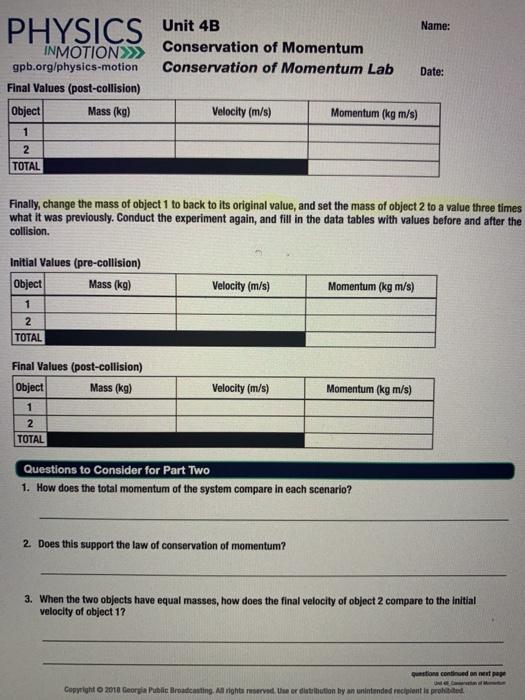 PHYSICS Unit 4B Name: INMOTION>>> Conservation of | Chegg.com