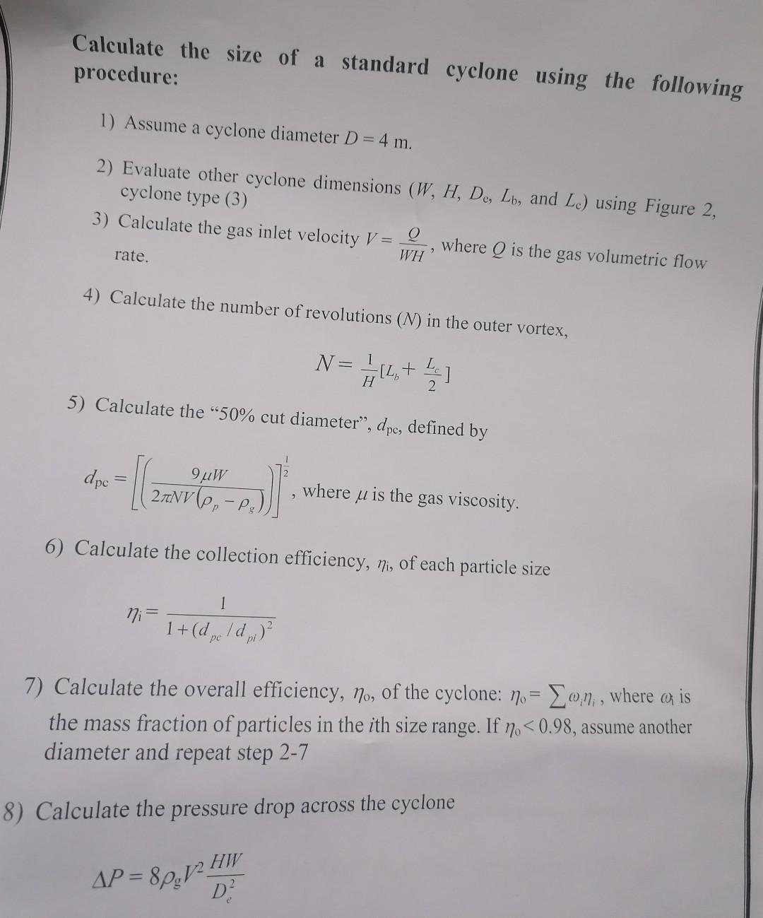Calculate the size of a standard cyclone using the | Chegg.com