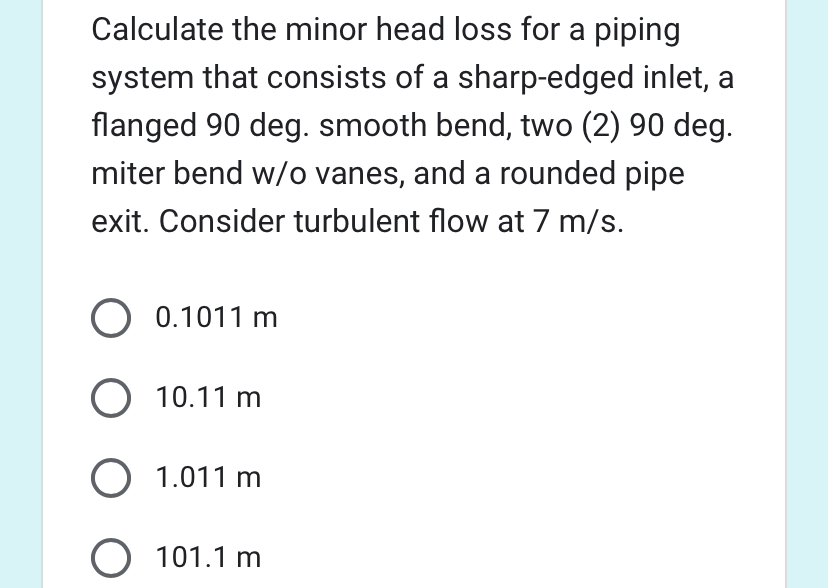 Solved Calculate the minor head loss for a piping system | Chegg.com