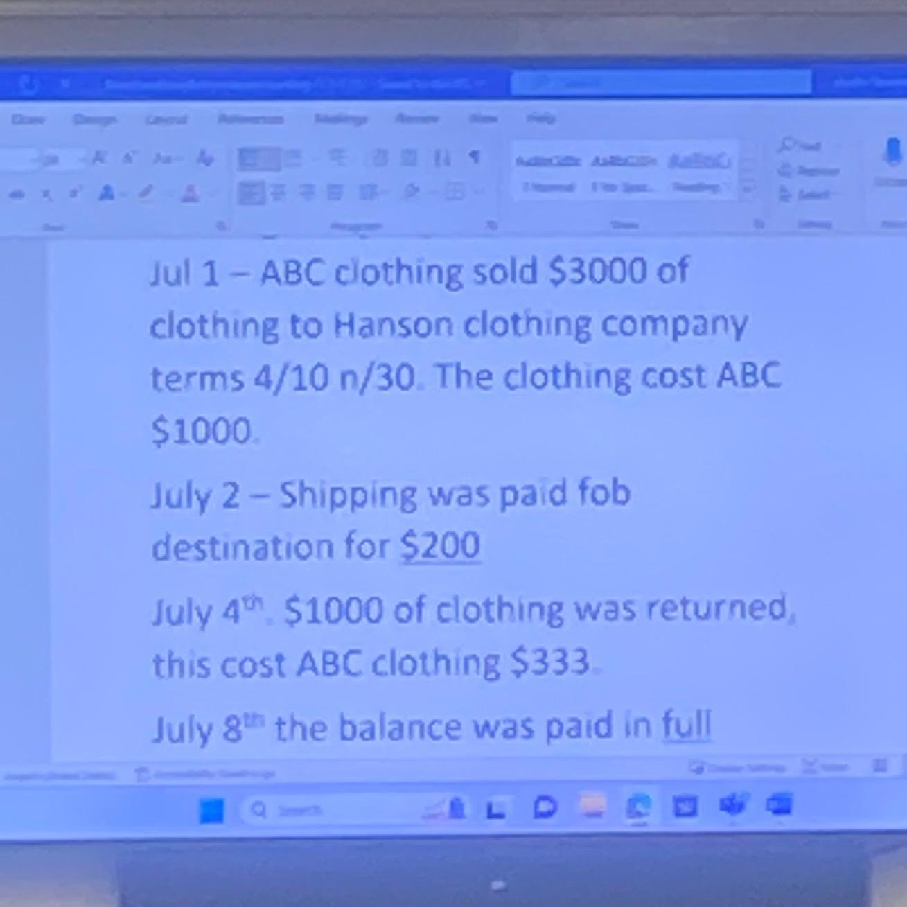 Merchantise account Jul 1 - ﻿ABC clothing sold | Chegg.com