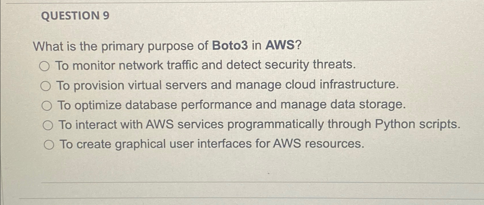 Solved QUESTION 9What is the primary purpose of Boto3 ﻿in | Chegg.com