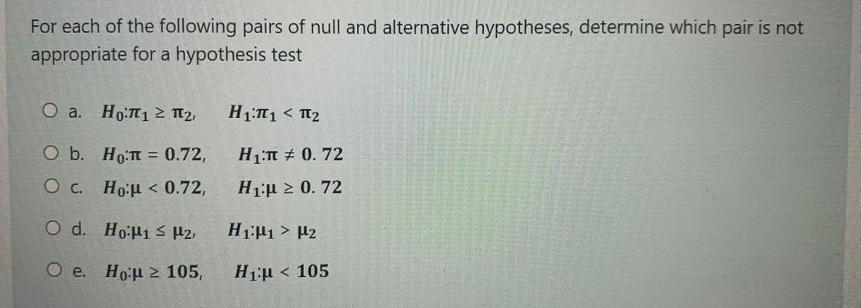 Solved For each of the following pairs of null and | Chegg.com