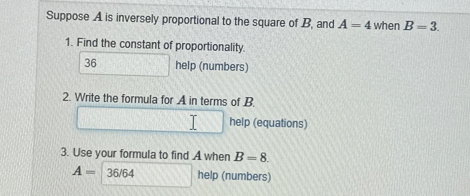 Solved Suppose A ﻿is inversely proportional to the square of | Chegg.com