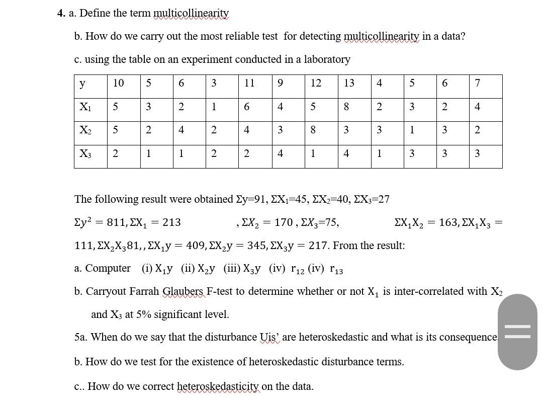 4. a. Define the term multicollinearity b. How do we | Chegg.com