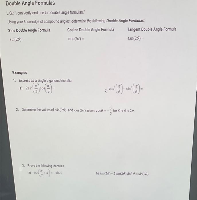 Solved Double Angle Formulas L.G: "can verify and use the | Chegg.com