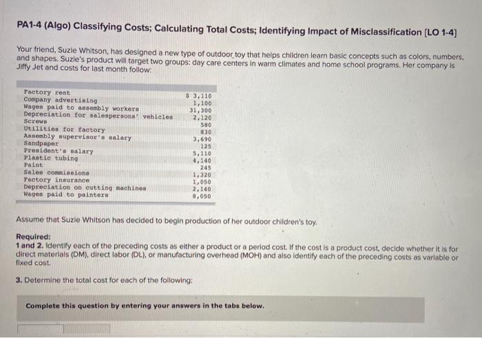 Solved PA1-4 (Algo) Classifying Costs; Calculating Total | Chegg.com