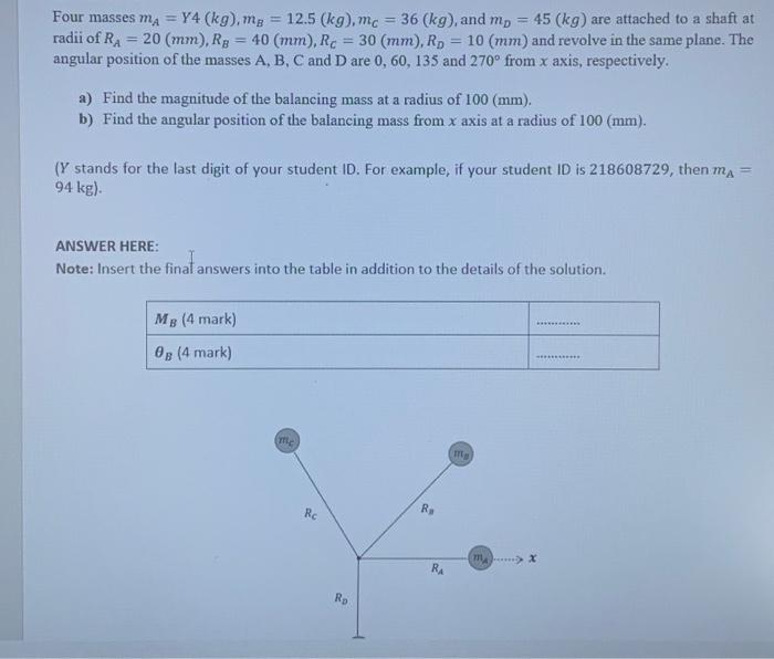 Solved Four masses mA=Y4( kg),mB=12.5( kg),mC=36( kg), and | Chegg.com