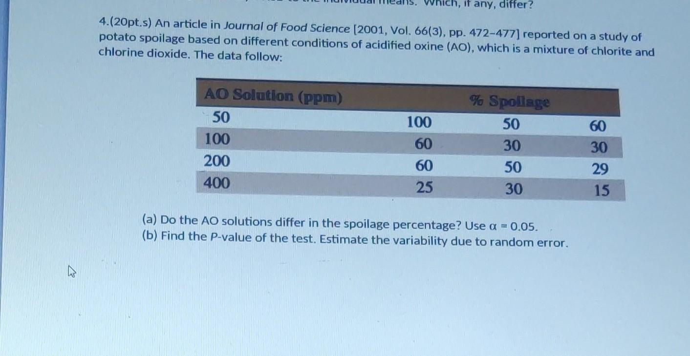 Solved 4. (20pt.s) An article in Journal of Food Science | Chegg.com