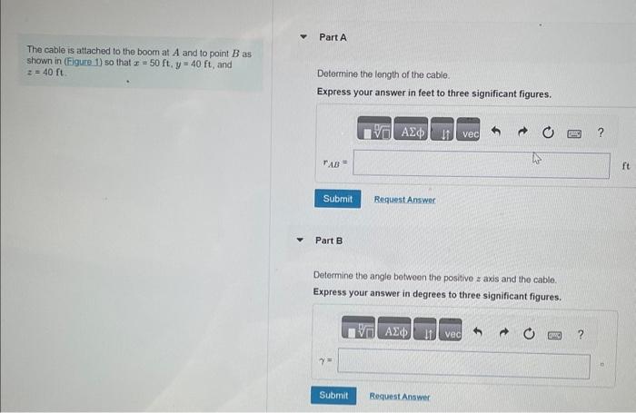 Solved The cable is attached to the boom at A and to point B | Chegg.com