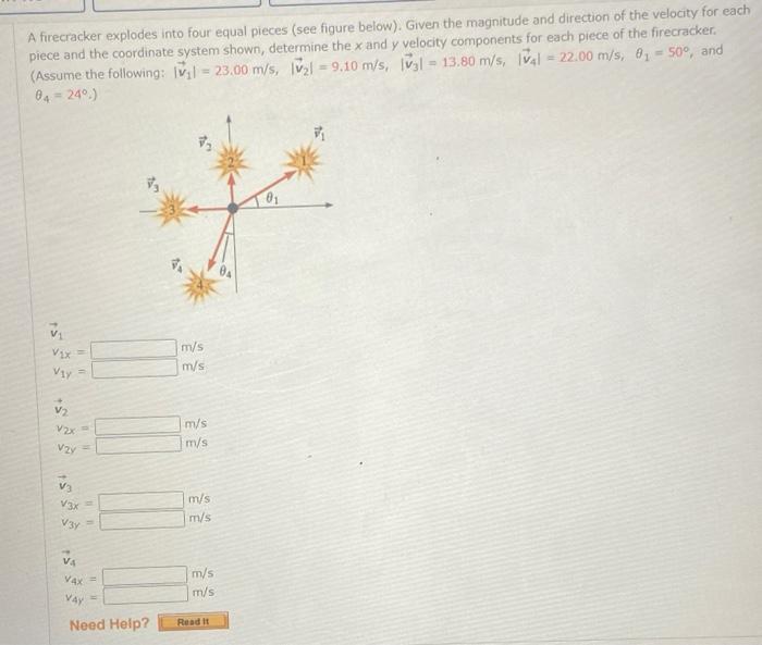 Solved A firecracker explodes into four equal pieces (see | Chegg.com