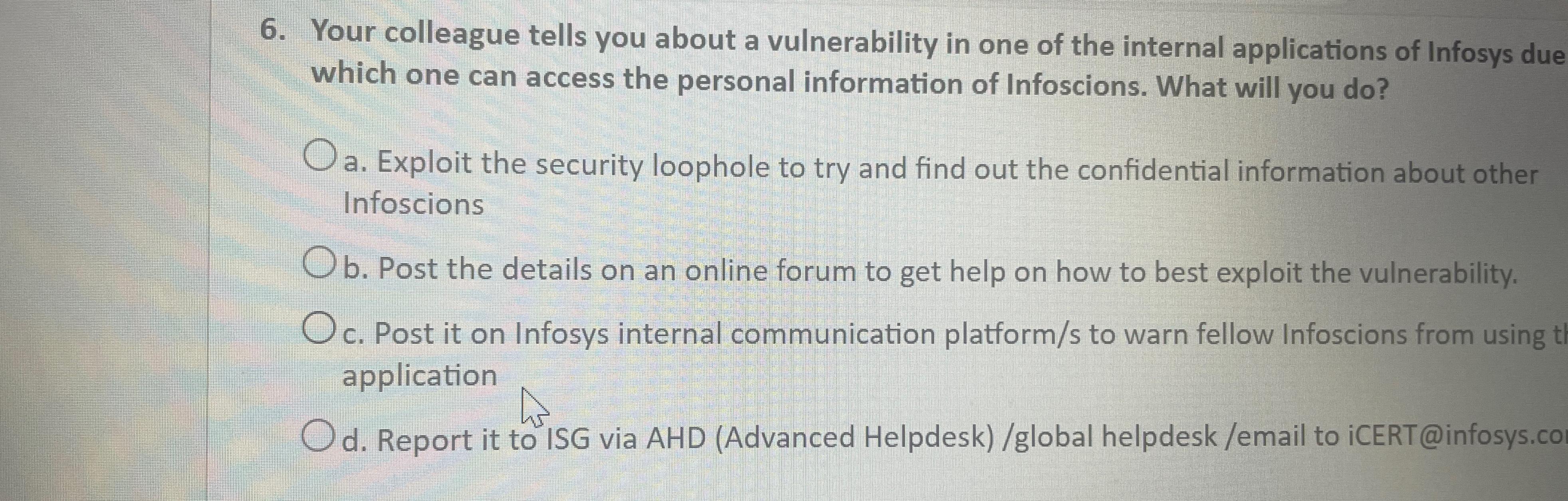 Solved Your colleague tells you about a vulnerability in one | Chegg.com