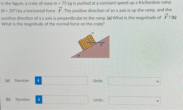 Solved In the figure, a crate of mass m=75 kg is pushed at a | Chegg.com