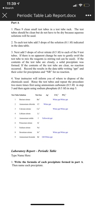 Solved 11:39 Search X Periodic Table Lab Report.docx Part A | Chegg.com