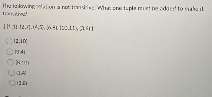 Solved The following relation is not transitive. What one | Chegg.com