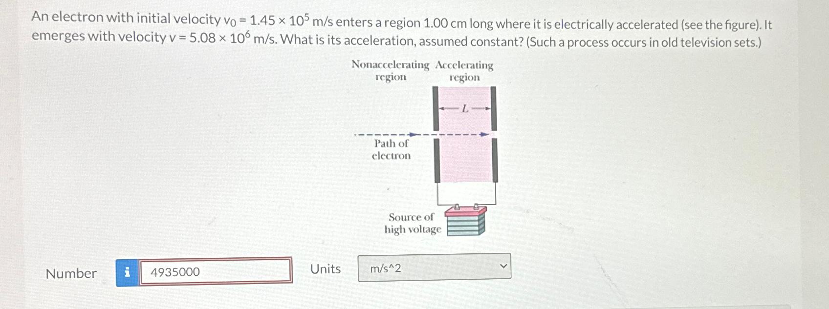 Solved An electron with initial velocity v_(0)=1.45\\\\times | Chegg.com