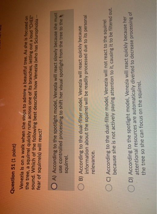 Solved Question 51 (1 point) Venezia is on a walk when she | Chegg.com