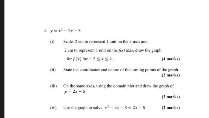 Solved 4. y=x2−2x−3 (i) Scale 2 cm to represent 1 unit on | Chegg.com