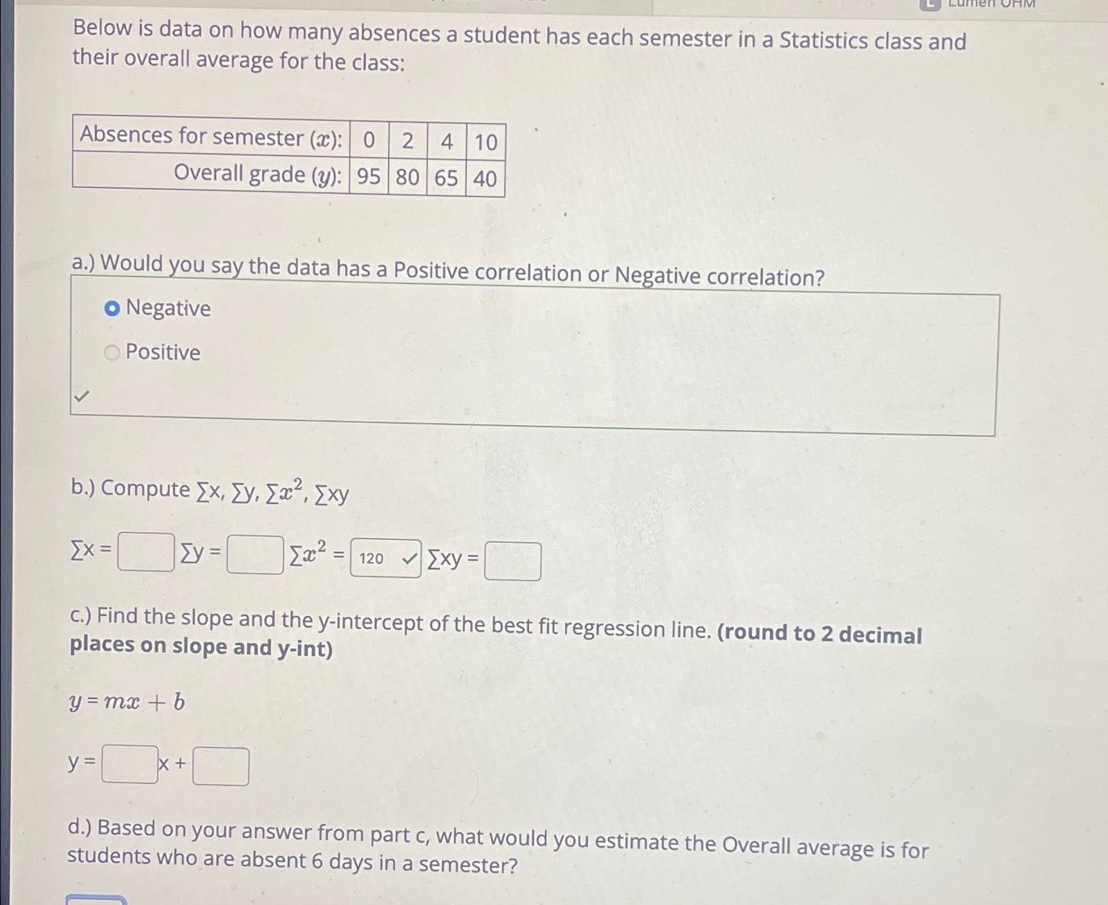 Below is data on how many absences a student has each | Chegg.com