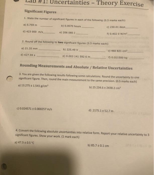 Solved #1: Uncertainties - Theory Exercise Significant | Chegg.com