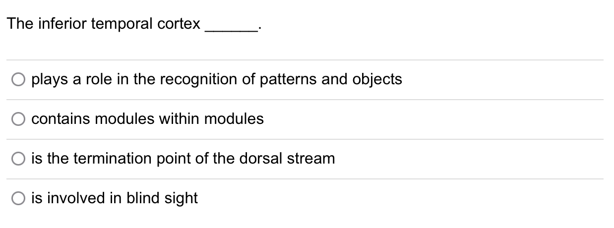 Solved The inferior temporal cortexplays a role in the | Chegg.com