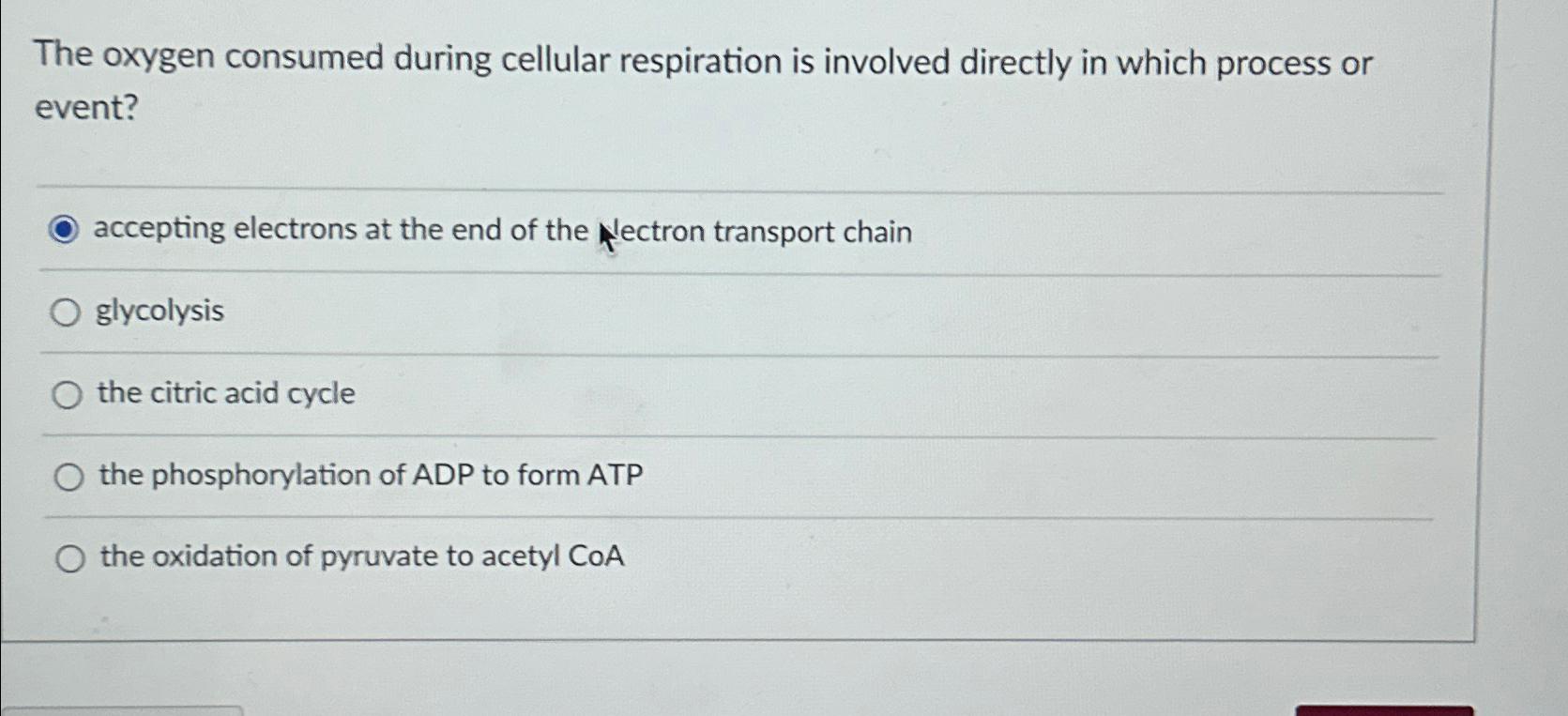 Solved The oxygen consumed during cellular respiration is | Chegg.com