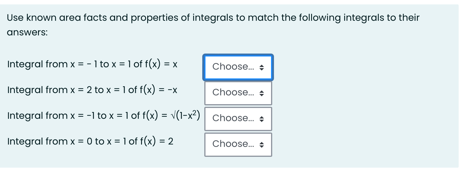 Solved Use known area facts and properties of integrals to | Chegg.com
