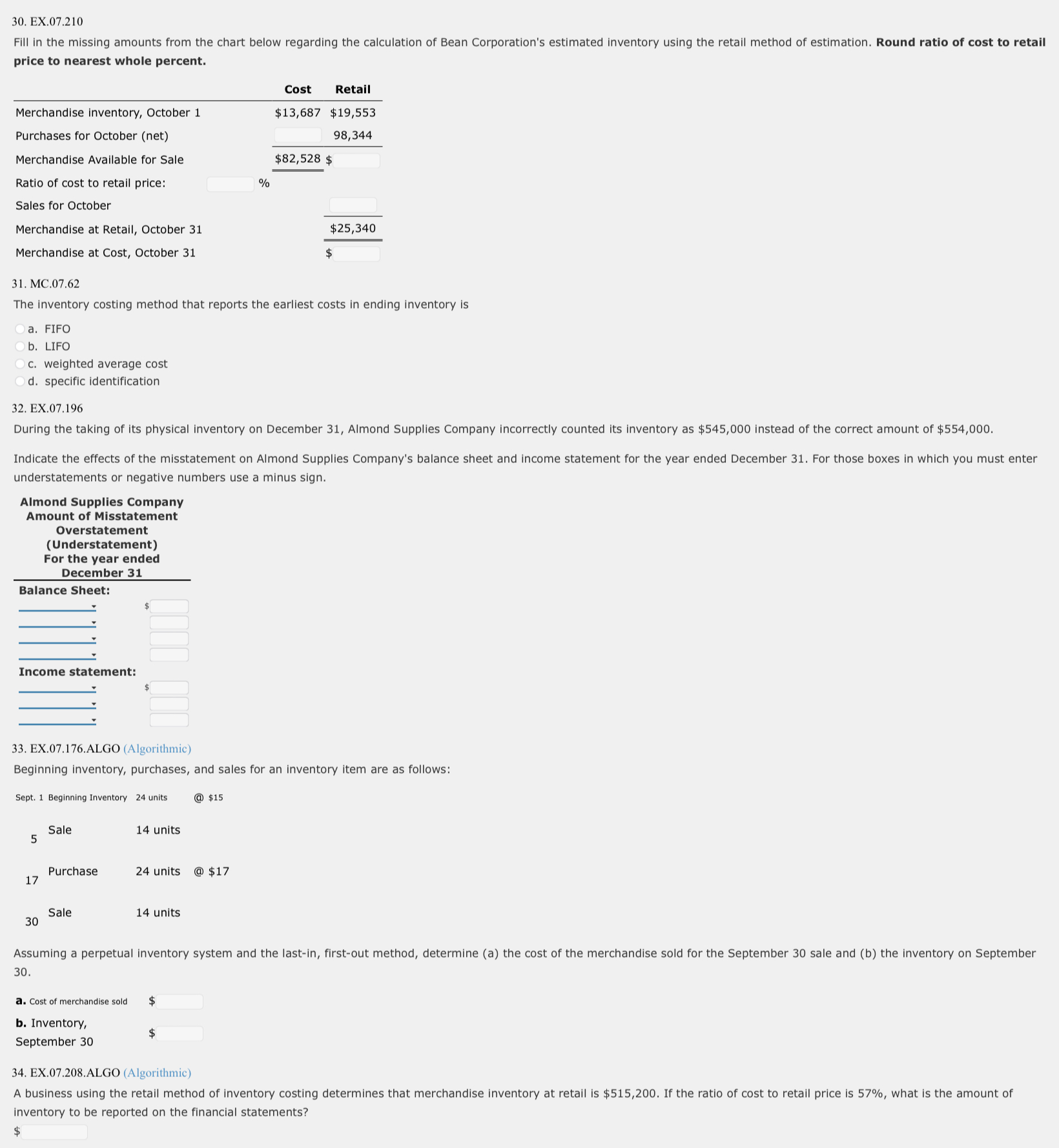 Solved EX. 07.210Fill in the missing amounts from the chart | Chegg.com