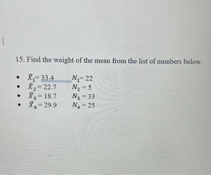 Solved 15. Find the weight of the mean from the list of | Chegg.com