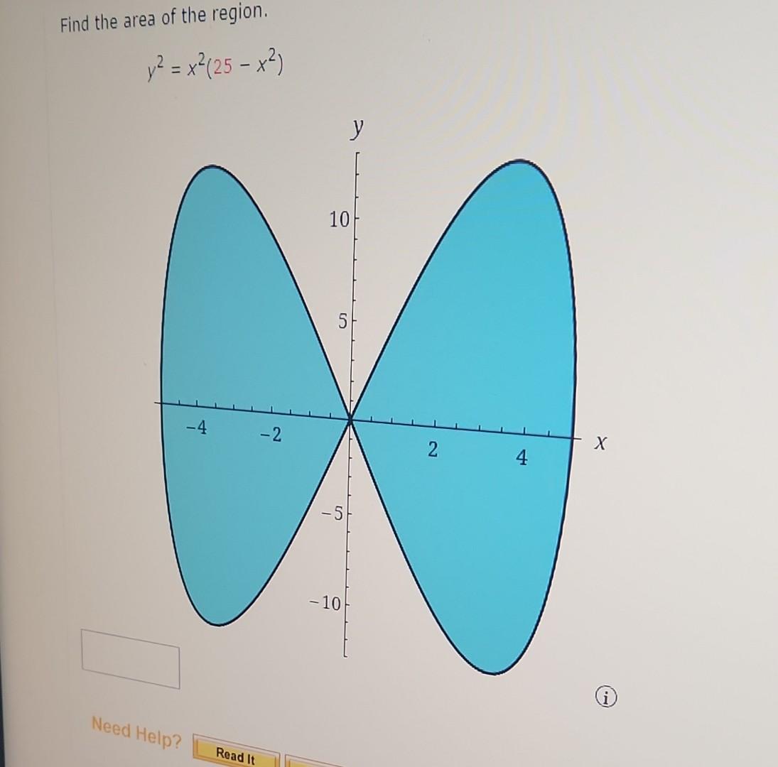 Solved Find the area of the region. y2=x2(25−x2) | Chegg.com