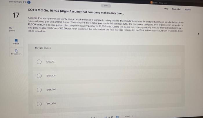 Solved Homework 9 w COTB MC Qu. 10-102 (Algo) Assume that | Chegg.com