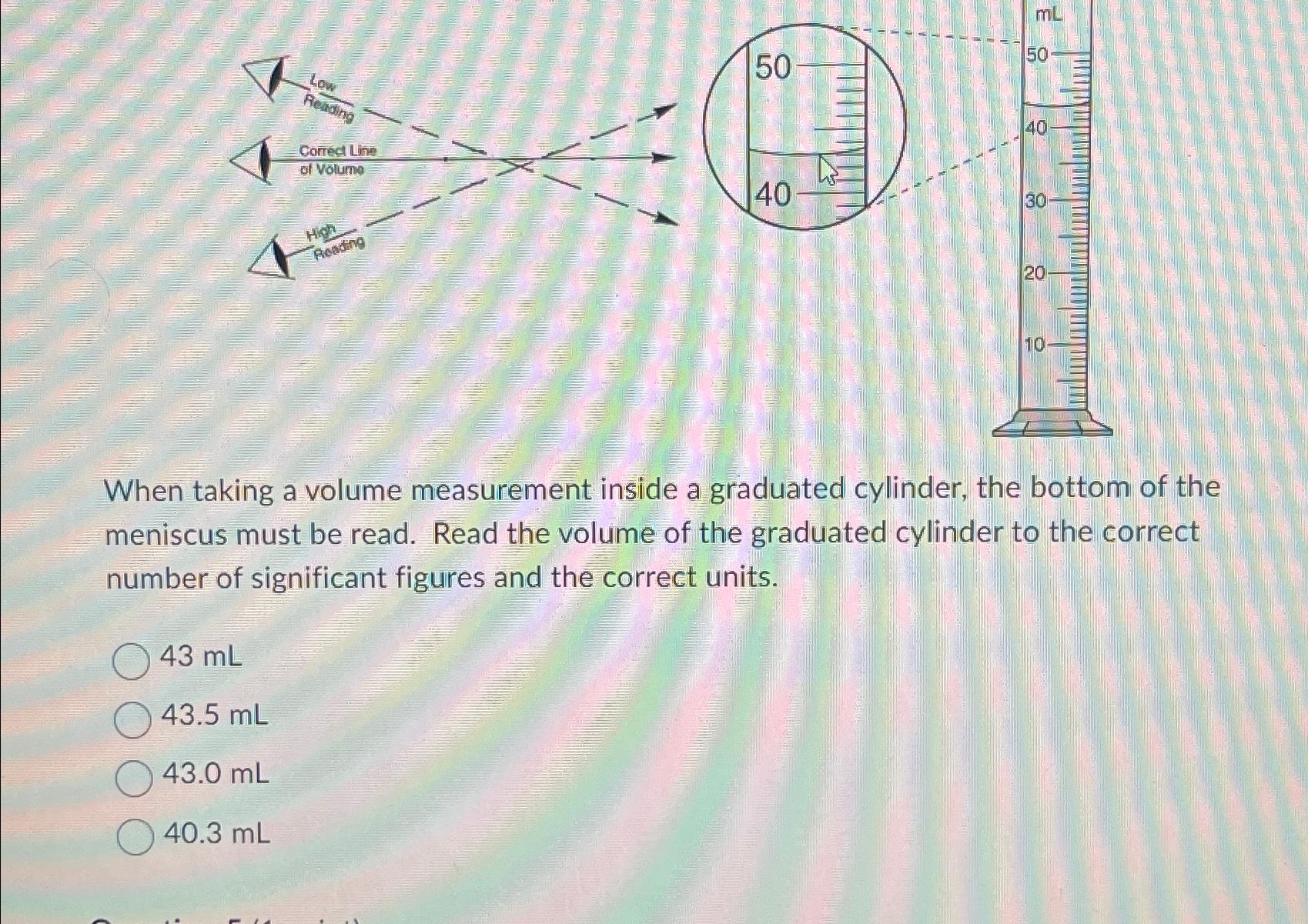 Solved mL\\n50\\n40\\n30-\\n20\\n10\\nWhen taking a volume | Chegg.com
