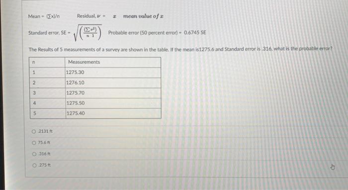 Solved Mean Residual, mean value of a Standard error SE | Chegg.com