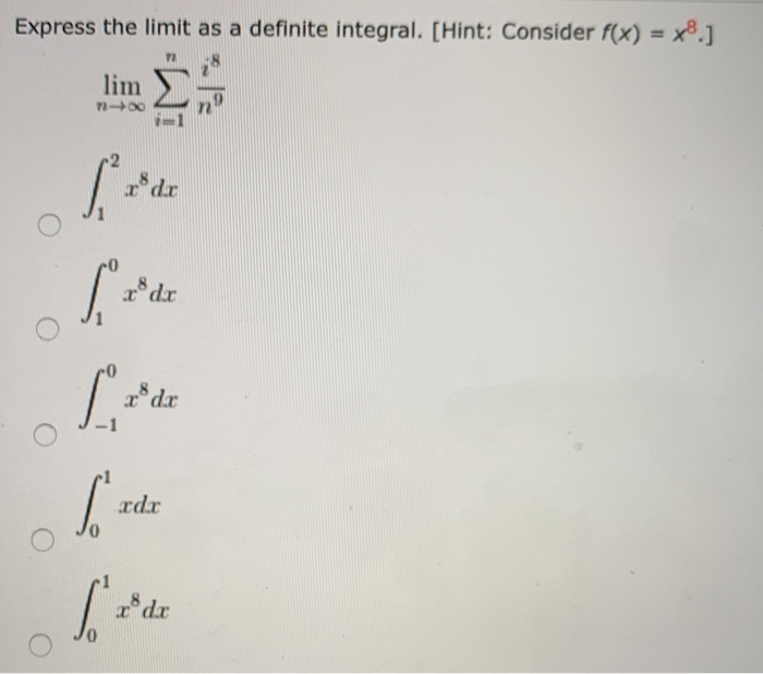 Solved Express the limit as a definite integral. (Hint: | Chegg.com