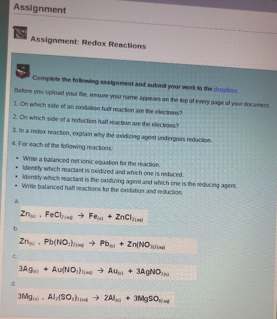 Solved Assignment Assignment: Redox Reactions Complete the | Chegg.com