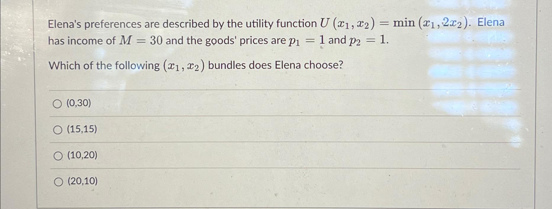 Solved Elena's preferences are described by the utility | Chegg.com
