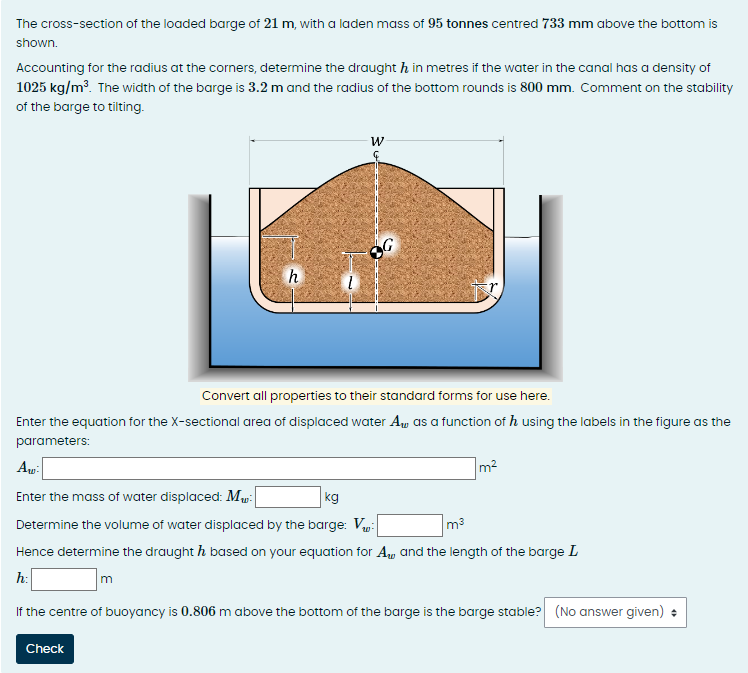 Solved The cross-section of the loaded barge of 21m, ﻿with a | Chegg.com
