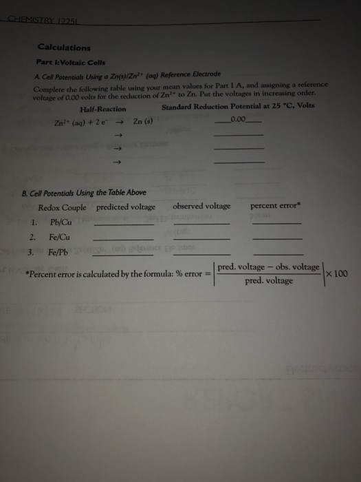 Solved Part I: Voltaic Cells Mean A. Cell Potentials Using a | Chegg.com