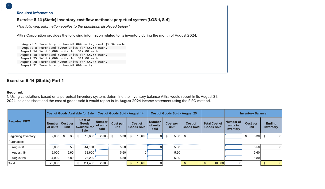 Solved !Required informationExercise 8-14 (Static) | Chegg.com