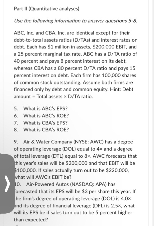 Solved Part II (Quantitative analyses)Use the following | Chegg.com Solved Part II (Quantitative analyses)Use the following | Chegg.com
