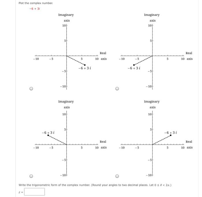 Solved Plot the complex number. -6 + 31 Imaginary axis 10+ | Chegg.com