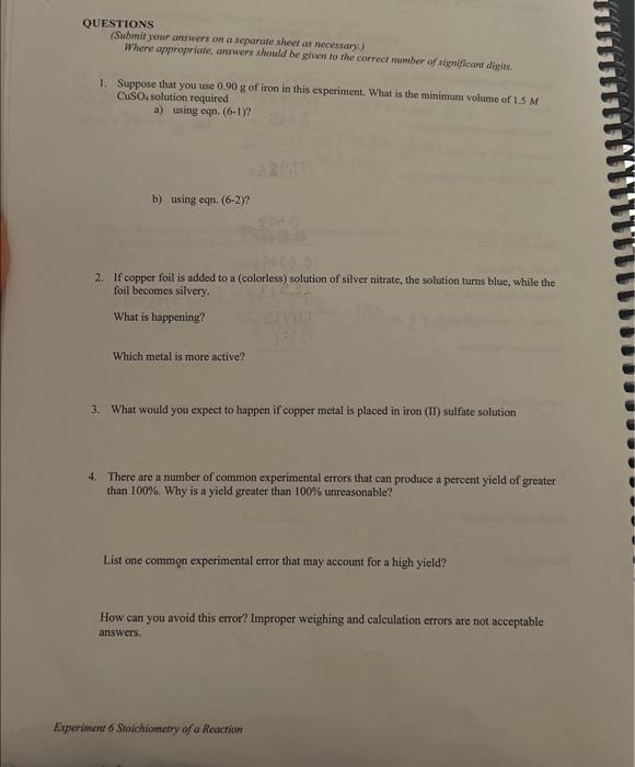 Solved REPORT ON EXPERIMENT 6 Stoichiometry of a Reaction | Chegg.com