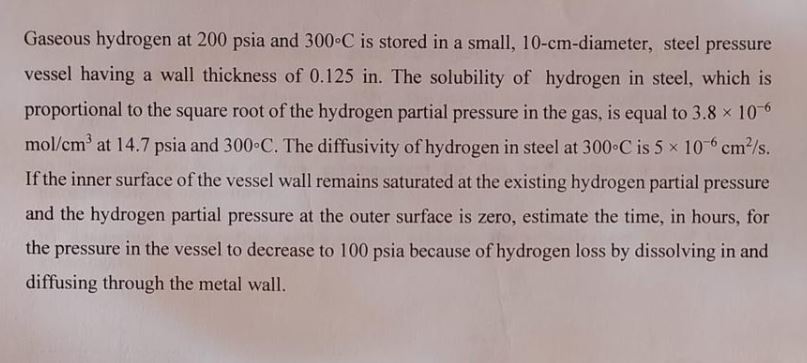 Solved Gaseous hydrogen at 200 ﻿psia and 300°C ﻿is stored in | Chegg.com